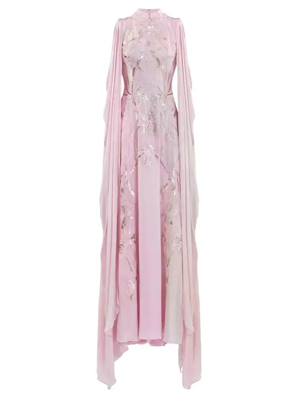 SAIID KOBEISY Embellished Crepe Georgette Maxi Dress With Draped Sleeves - Pink