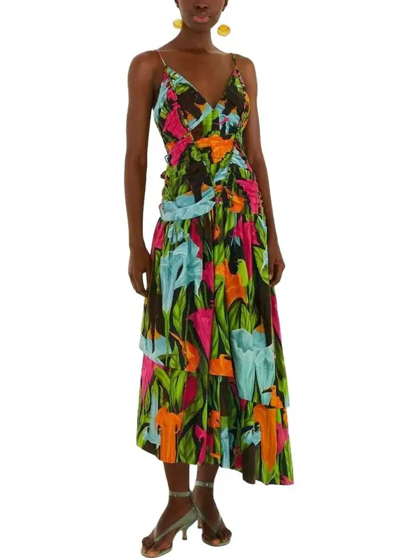 Farm Rio Mujeres Y Flores Ruched Floral Print Midi Dress - Black