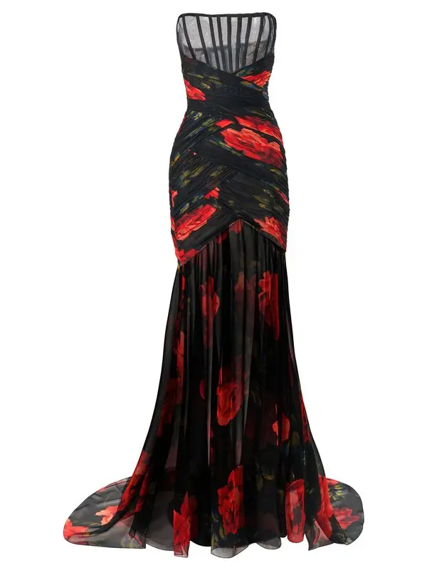 Carolina Herrera Strapless Rose-printed Chiffon Gown - Black