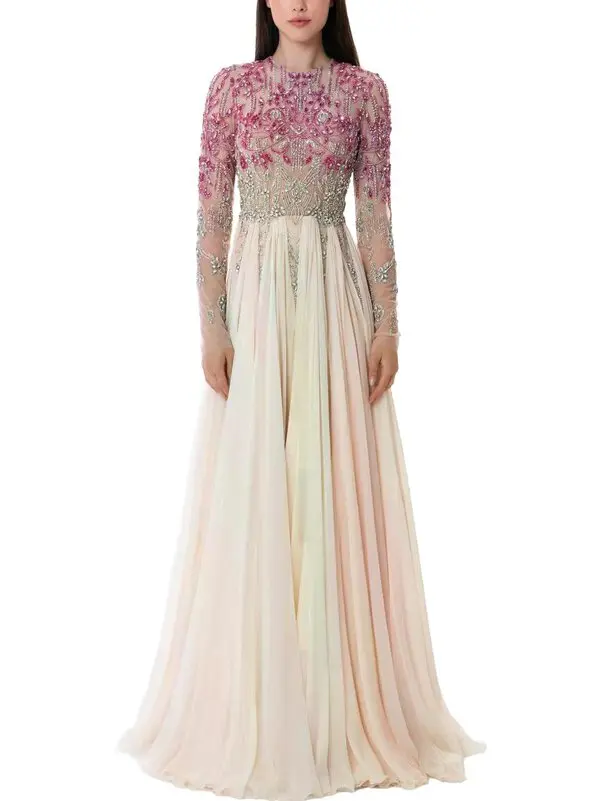 DINA MELWANI Hand-embroidered Crystal Maxi Gown - Neutrals