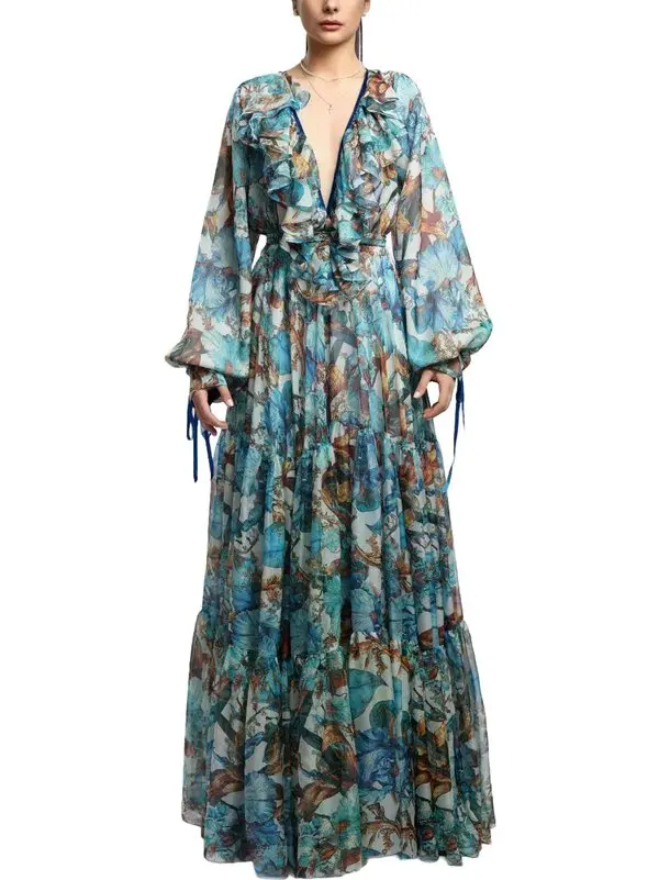 MIAU BY CLARA ROTESCU Ruffled Floral Maxi Dress - Blue