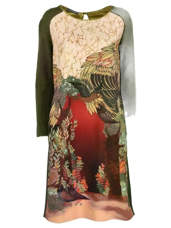 Alberta Ferretti Bird Print Raglan Sleeve Dress - Neutrals