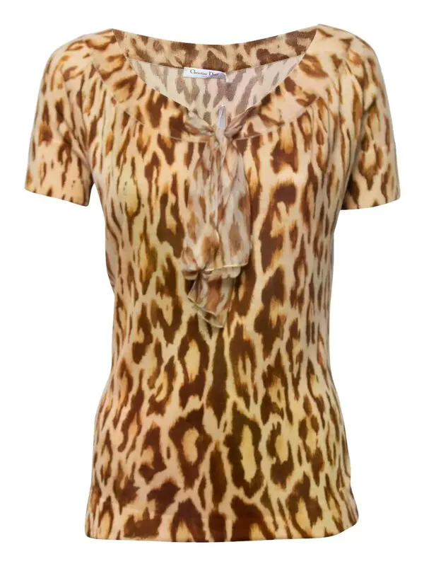 Dior Leopard Print Short Sleeve Top With Bow Detail - Neutrals