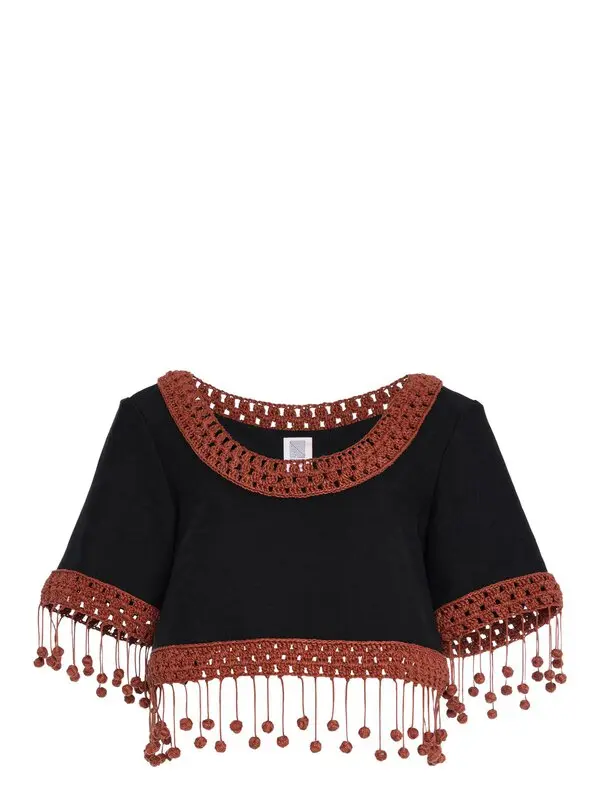 Rosie Assoulin Linen-blend Cropped Top With Macrame Trim - Black