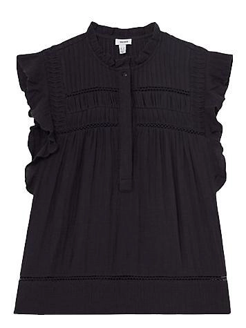 REISS Florie Ruffle-neck Cheesecloth Cotton Top - Navy