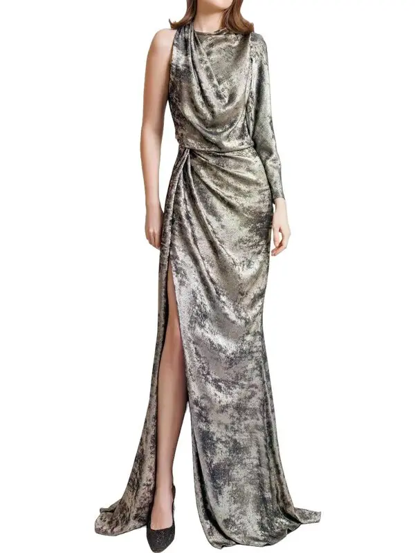 GEMY MAALOUF Metallic Asymmetrical Neck Maxi Dress - Silver