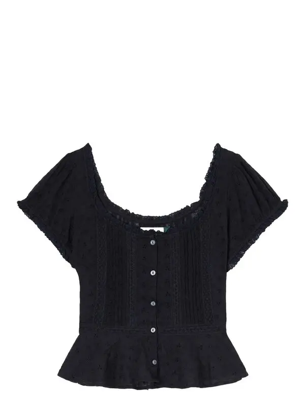 Rixo Sandi Cropped Broderie Anglaise Cotton Blouse - Black