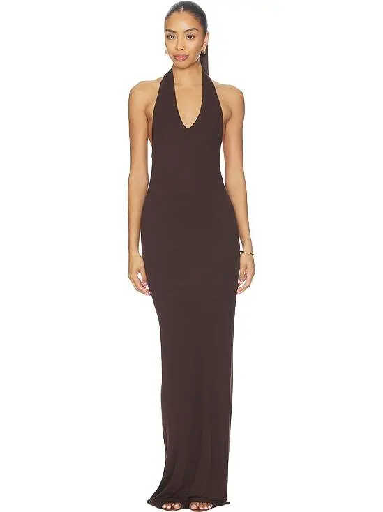 Enza Costa Silk Rib U-neck Halter Fluid Maxi Dress - Chocolate