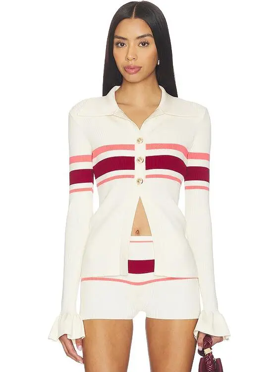 SELF-PORTRAIT Stripe Viscose Knit Button Top In . Also - Cream