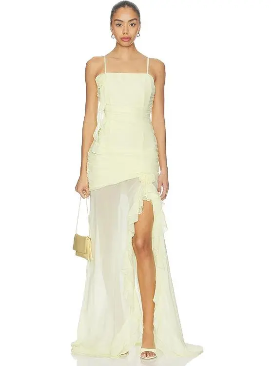 RUNAWAY THE LABEL Ruched Frill Trim Maxi Dress - Lemon