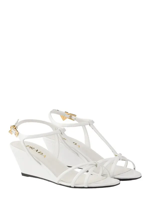 Prada Patent Leather Wedge Sandals With Logo Buckle - White