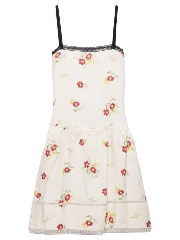 Prada Embroidered Linen Mini-dress With Floral Motif - Ruby Red