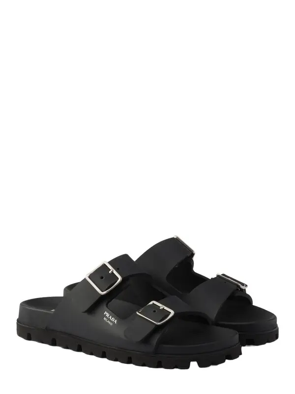 Prada Rubber Slides With Metal Buckles - Black