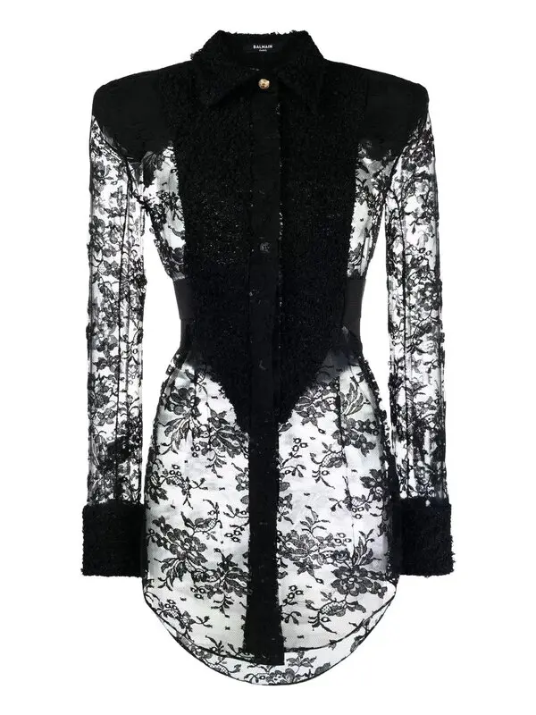 Balmain Cotton-silk Blend Lace And Tweed Shirt - Black