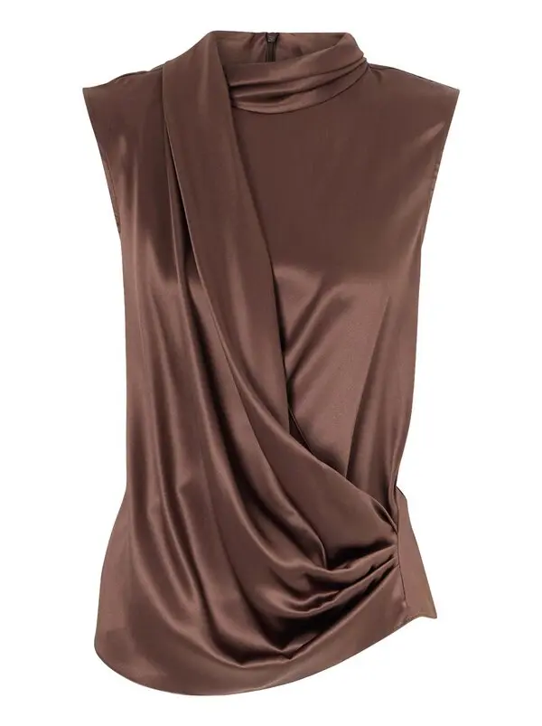 Brunello Cucinelli Wrap-effect Sleeveless Draped Silk-blend Satin Blouse - Brown