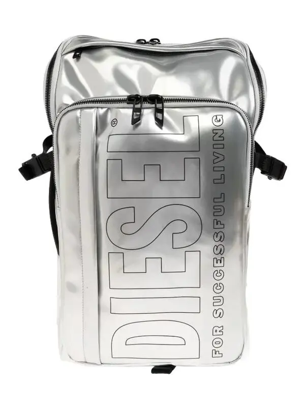 DIESEL® Logo Print Metallic-effect Backpack - Silver