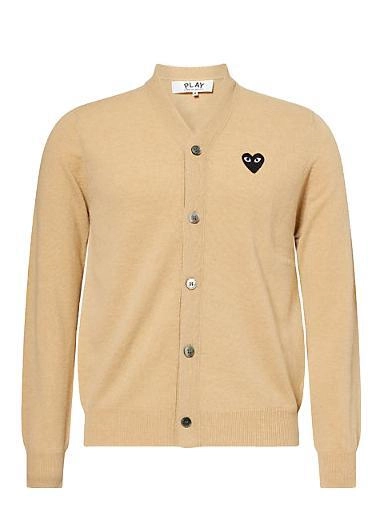 Play Comme Des Garcon V-neck Heart Wool Knit Cardigan - Light Camel