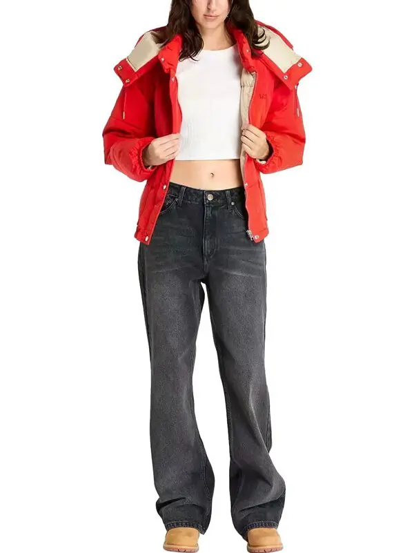 LEEM Padded Hooded Jacket With Drawstring Hood And Embroidered Logo - Red