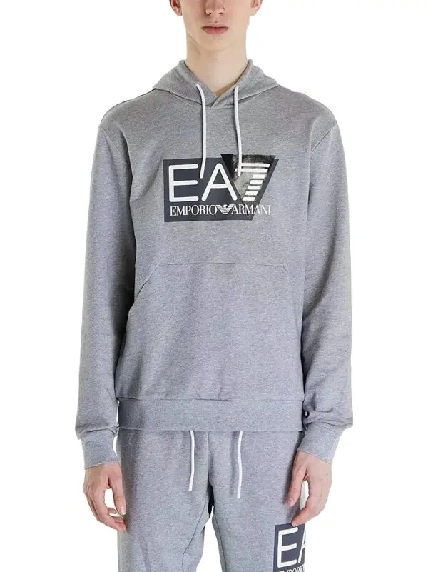 EA7 Logo Print Drawstring Hoodie - Grey