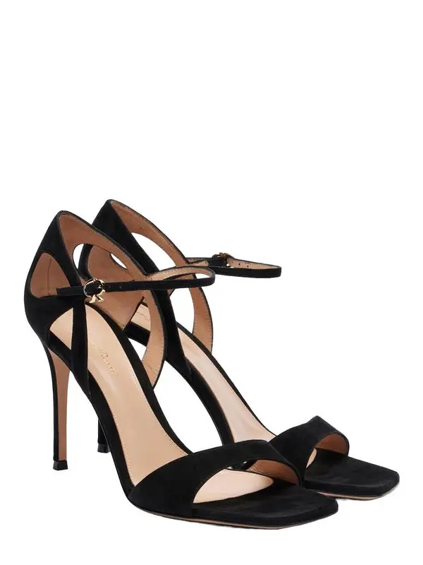 GIANVITO ROSSI Suede Square Toe Stiletto Sandals With Buckle Fastening Ankle Strap - Black