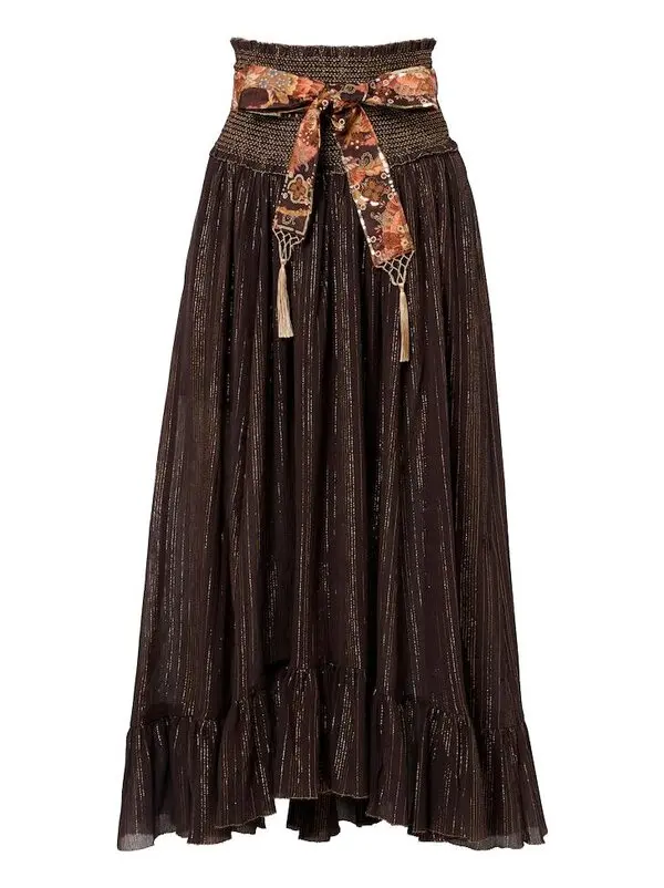 Zimmermann Aster Shirred Cotton And Silk Lame Midi Skirt - Brown