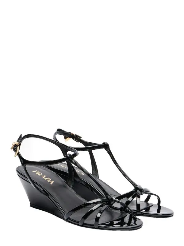 Prada Patent Leather Wedge Sandals With Buckle-fastening Ankle Strap - Black