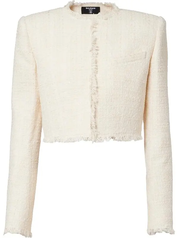 Balmain Cropped Fringed Tweed Jacket - White