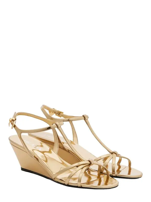 Prada Metallic Leather Wedge Sandals - Gold