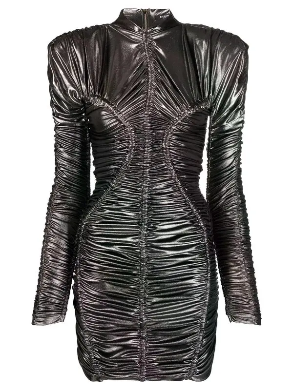Balmain Metallic Ruched Mini Dress - Silver