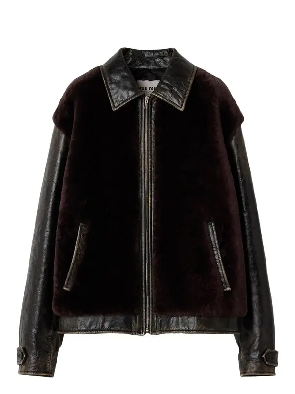 Miu Miu Leather Shearling-trim Jacket - Black