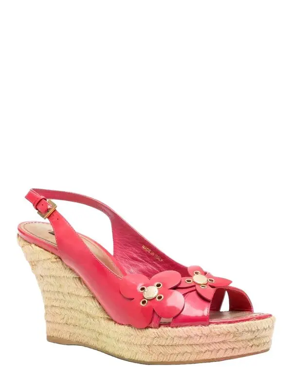 LOUIS VUITTON Leather Floral Appliqué Wedge Espadrilles - Red