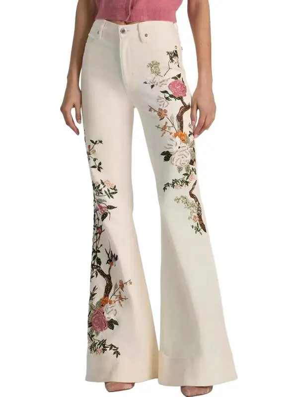 Alice + Olivia Floral Embroidered Flared Jeans - White