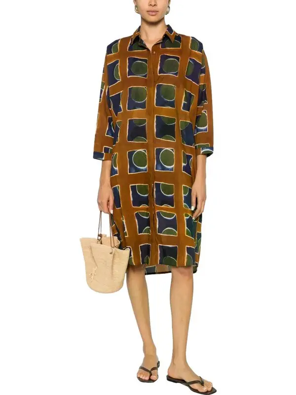 YAVI Geometric Pattern Midi Shirt Dress - Brown
