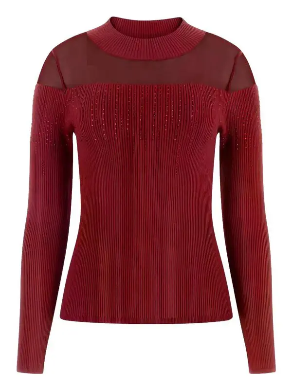 Guess Embellished Knit Top With Mesh Accents - Red