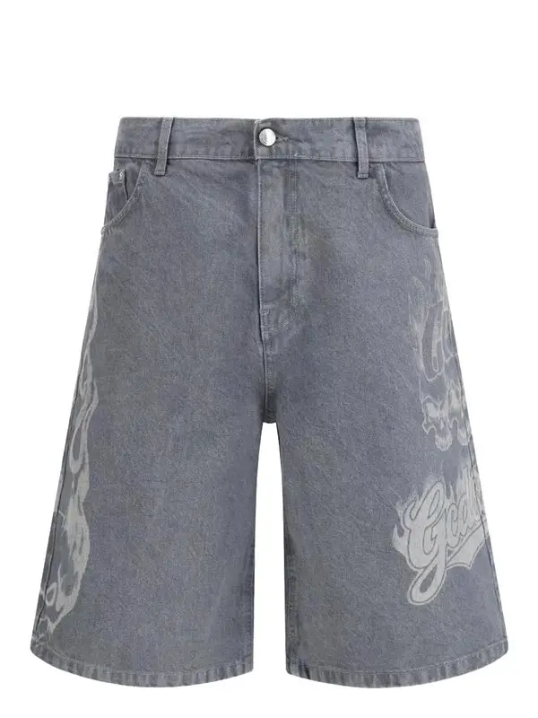 Gcds Skull And Flame Print Denim Shorts - Grey