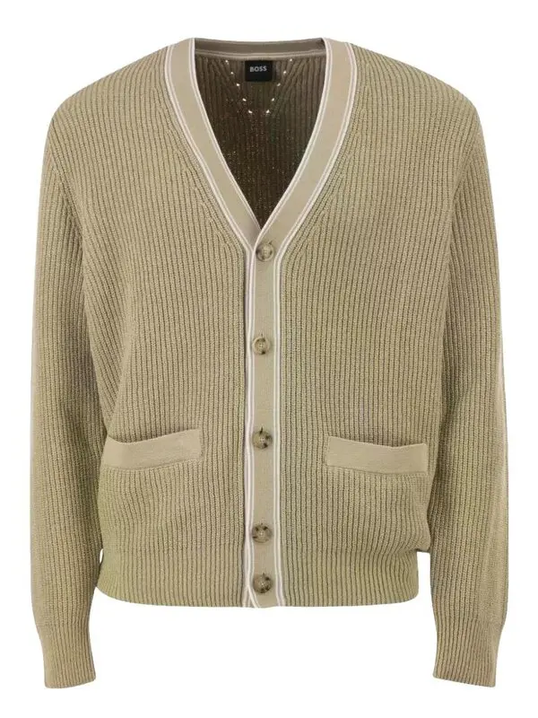 BOSS Ribbed Knit V-neck Cardigan With Contrast Trim - Neutrals