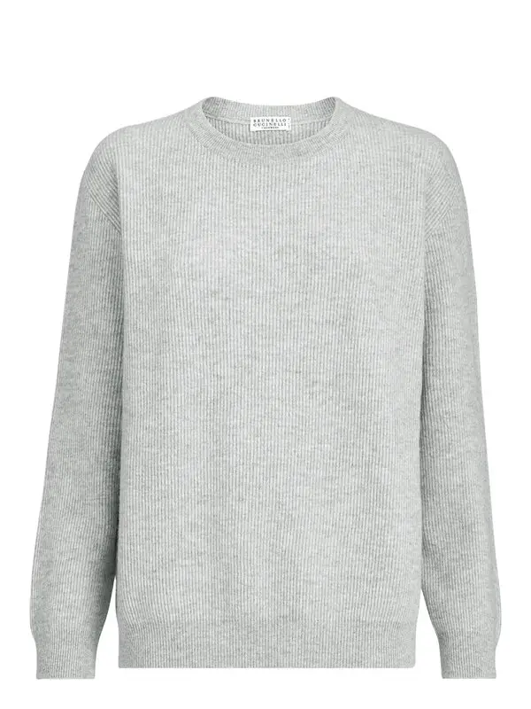 Brunello Cucinelli Cashmere Ribbed Sweater With Monili Trim - Grey