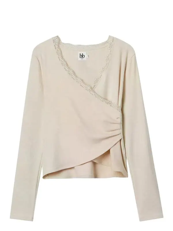 B+AB Lace Trim Ruched Cotton Top - Neutrals