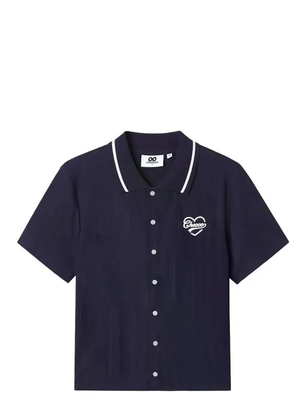 CHOCOOLATE Ribbed Button-front Polo Top With Embroidered Heart Detail - Blue