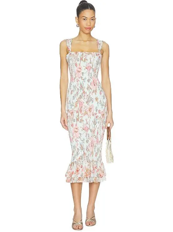 Hemant & Nandita Smocked Floral Print Midi Dress - Blue