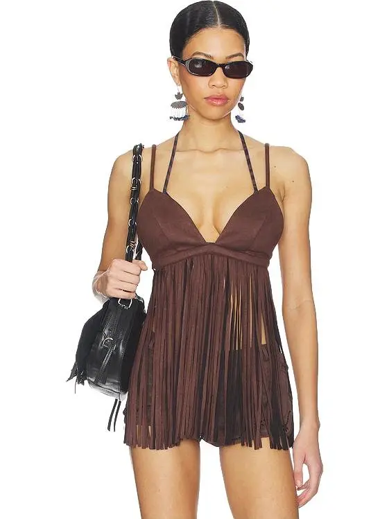 MORE TO COME Moriah Fringe Faux Suede Top - Chocolate