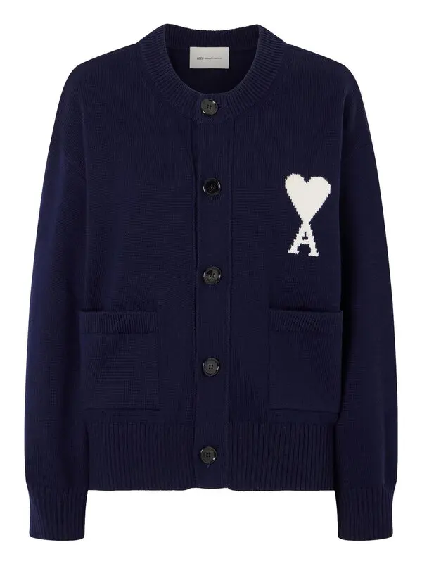 AMI Paris Logo-embroidered Wool And Cotton-blend Cardigan - Blue
