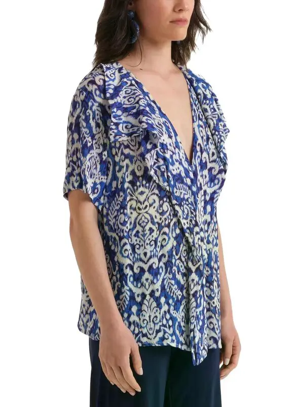 Malìparmi Ikat-print Ruffled V-neck Top - Blue