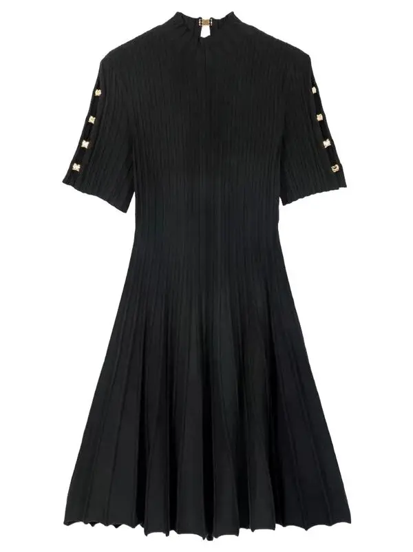 Maje Ribbed Knit High Neck Mini Dress With Clover Fastenings - Black