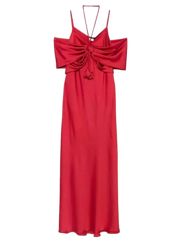 LE RJTANGE Floral Appliqué Draped Maxi Dress - Red