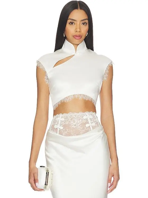 SAU LEE Lila" Satin Cropped Top With Lace Trim - Ivory
