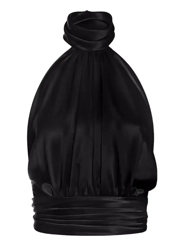 ALEXIA & ANTONIA Draped Halter Silk Blouse - Black