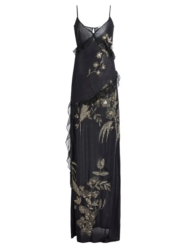 WIEDERHOEFT Arbe' Embroidered Silk Jersey Maxi Dress - Black