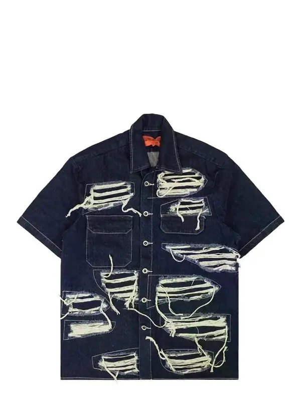 WHO DECIDES WAR Distressed Short-sleeve Denim Shirt - Blue