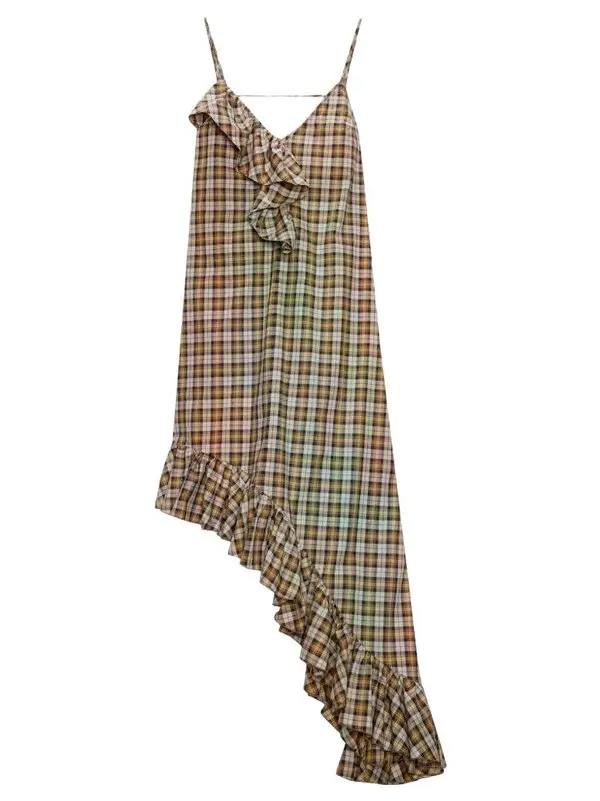 MSGM Ruffled Plaid Asymmetrical Hem Midi Dress - Brown